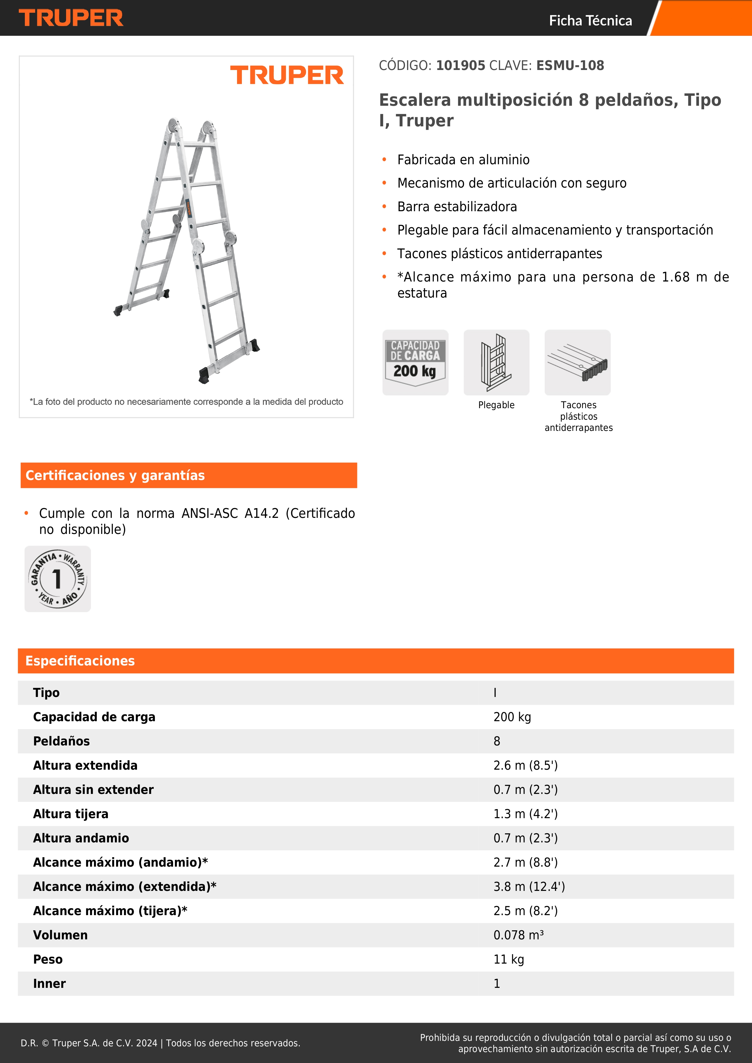 Escalera multiposición 8 peldaños soporta 200Kg Truper | Ferremax