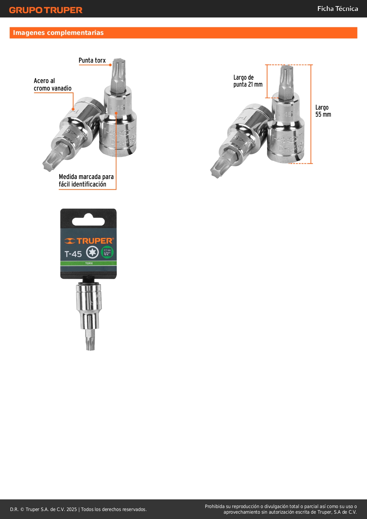 Dado punta torx t-45 encastre 1/2'' Truper | Ferremax