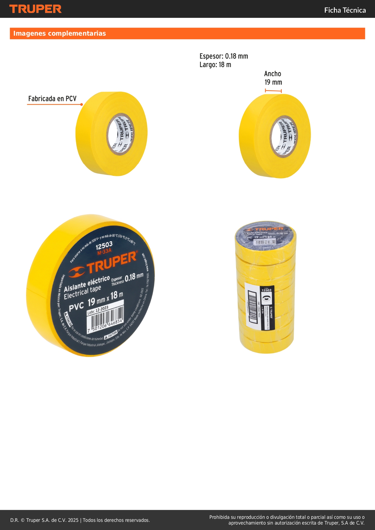 Cinta aislante de 18 m x 19 mm amarilla Truper | Ferremax