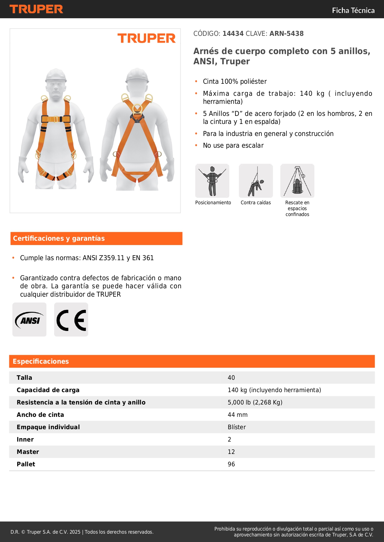 Arnés de cuerpo completo con 5 anillos ANSI truper | Ferremax