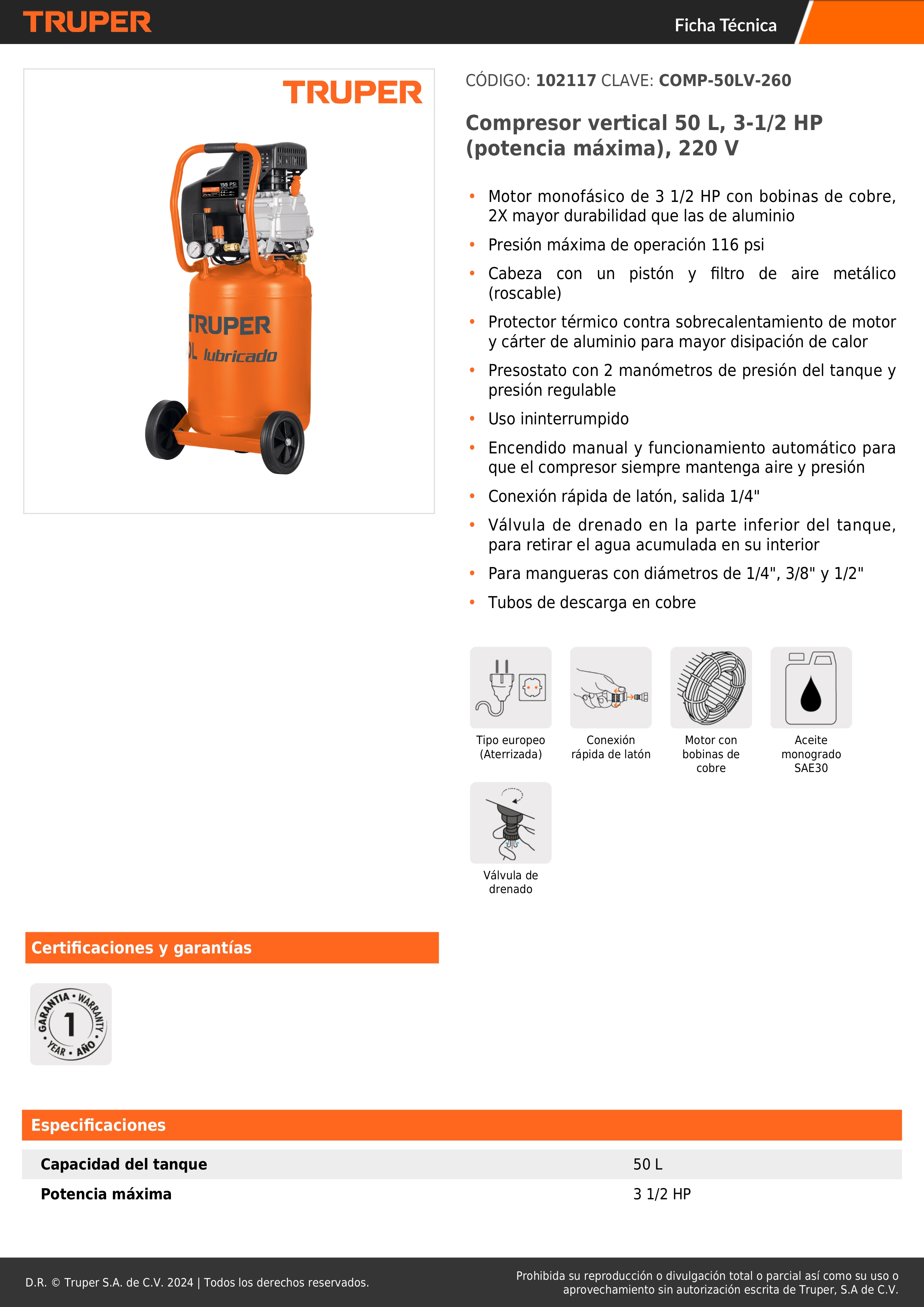Compresora vertical 50 L 3 1/2 HP 220 V Truper | Ferremax