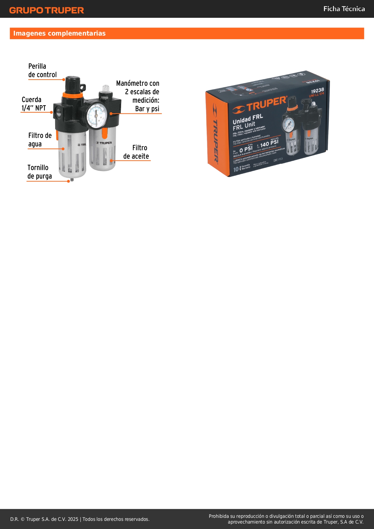 Filtro y regulador de aire con módulo de lubricación. truper | Ferremax