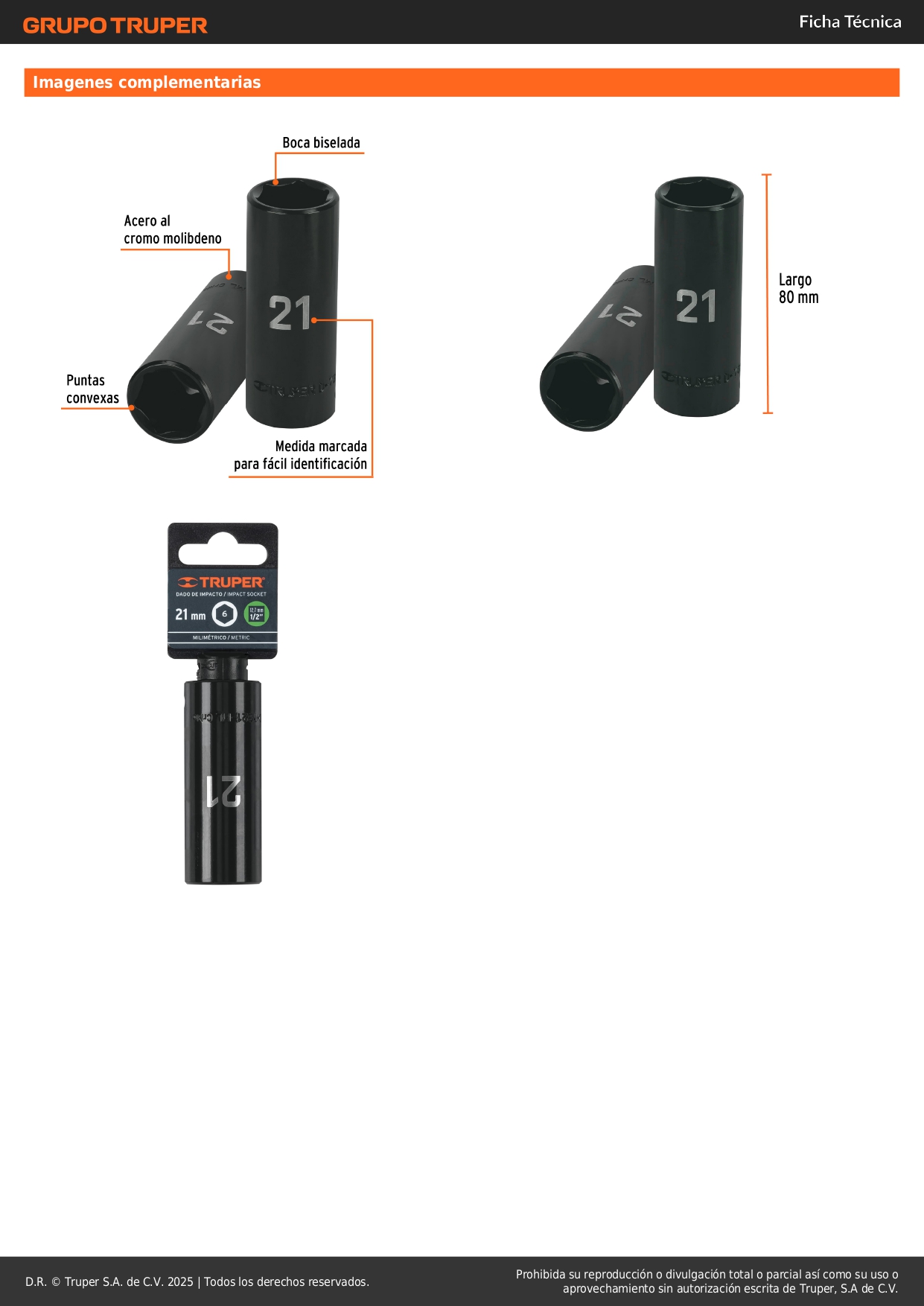 Dado tubular de impacto ½" hexagonal 21 mm Truper | Ferremax