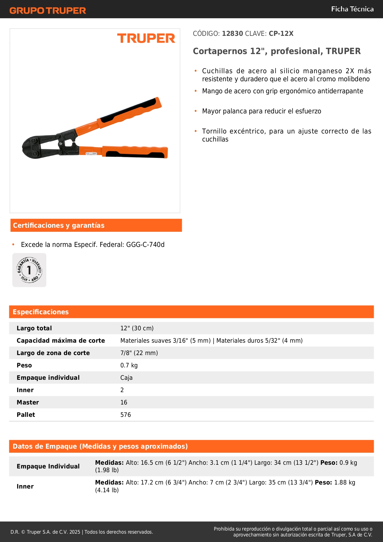 Cizalla profesional de 12''. truper | Ferremax