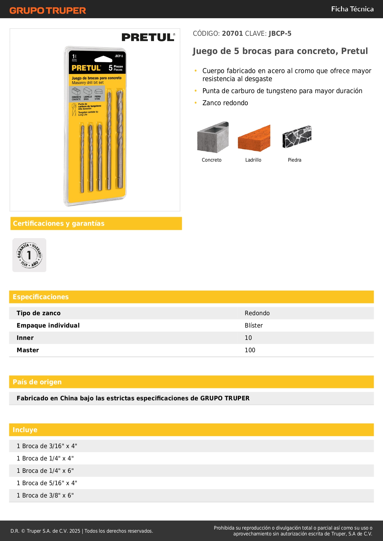 Juego de 5 brocas para concreto Pretul | Ferremax