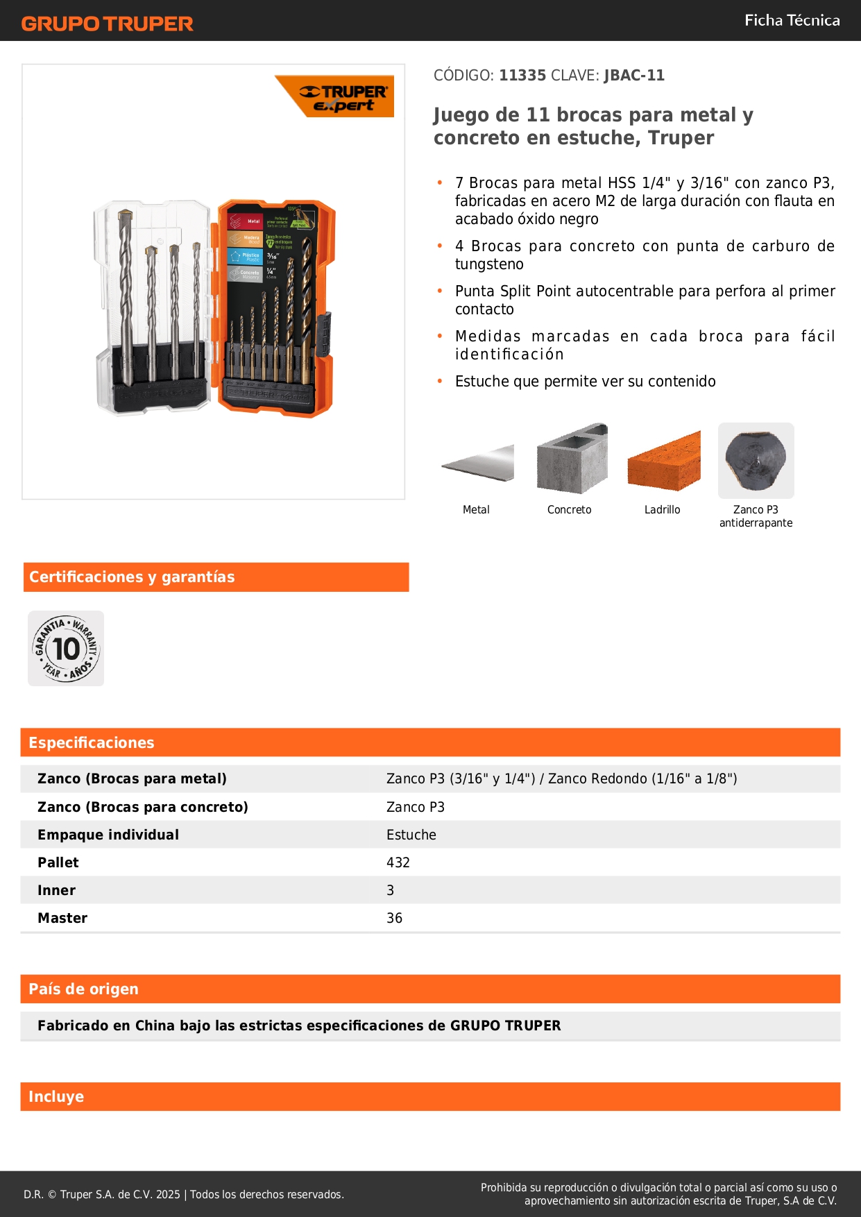 Juego de 11 brocas para metal y concreto en estuche Truper | Ferremax