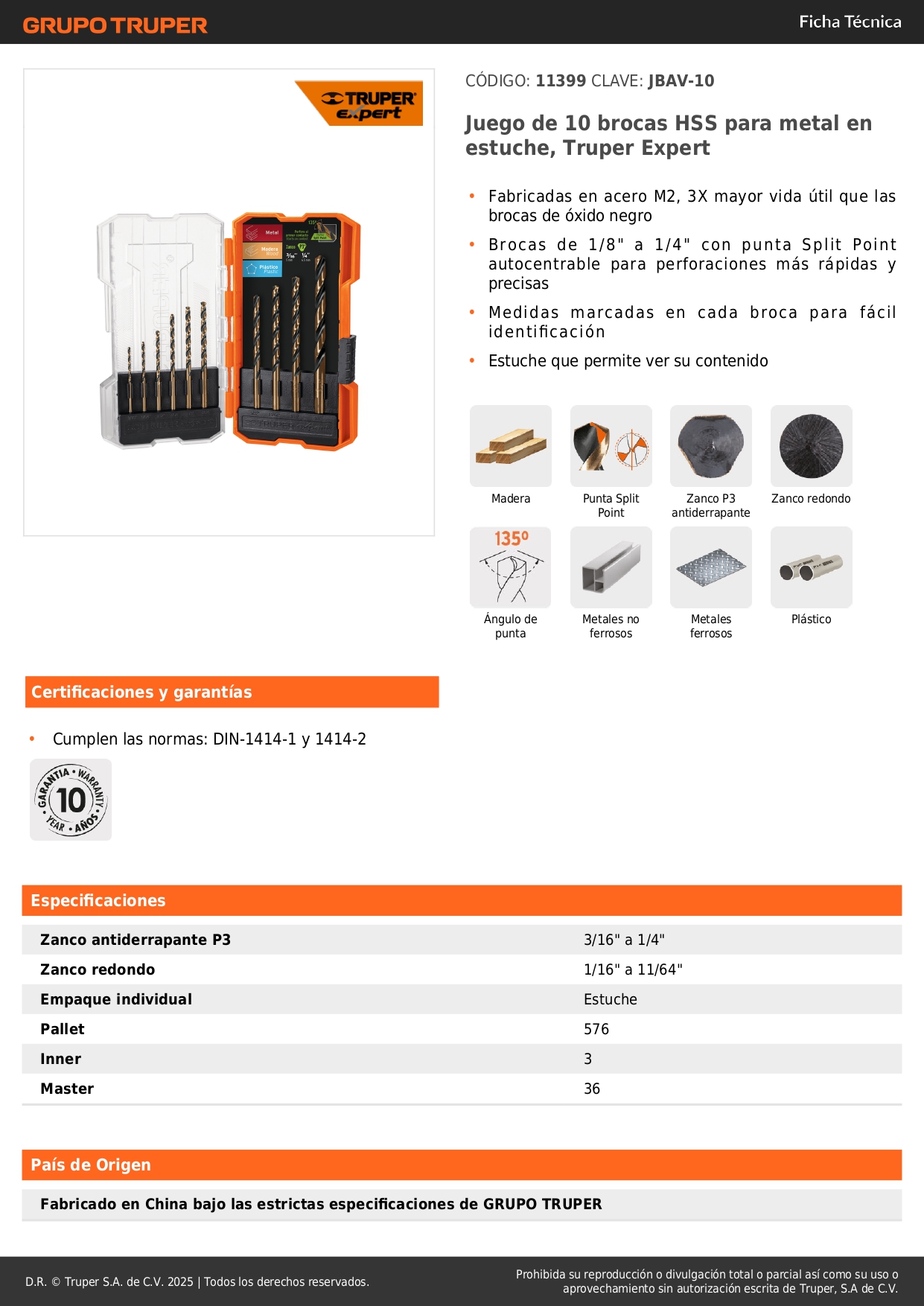 Juego de 10 brocas hss para metal en estuche, truper expert | Ferremax
