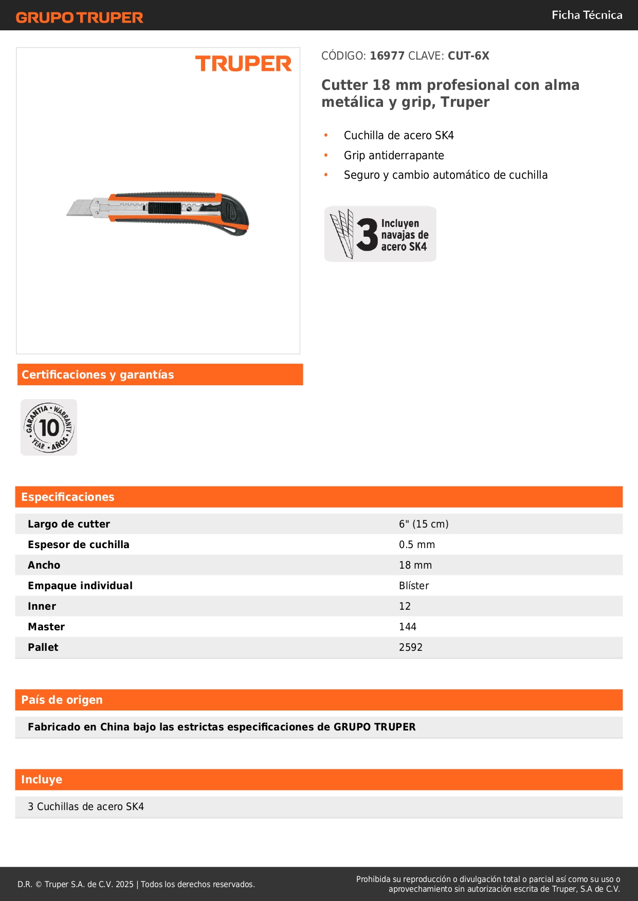 Cutter profesional 18mm con alma metálica y grip Truper | Ferremax