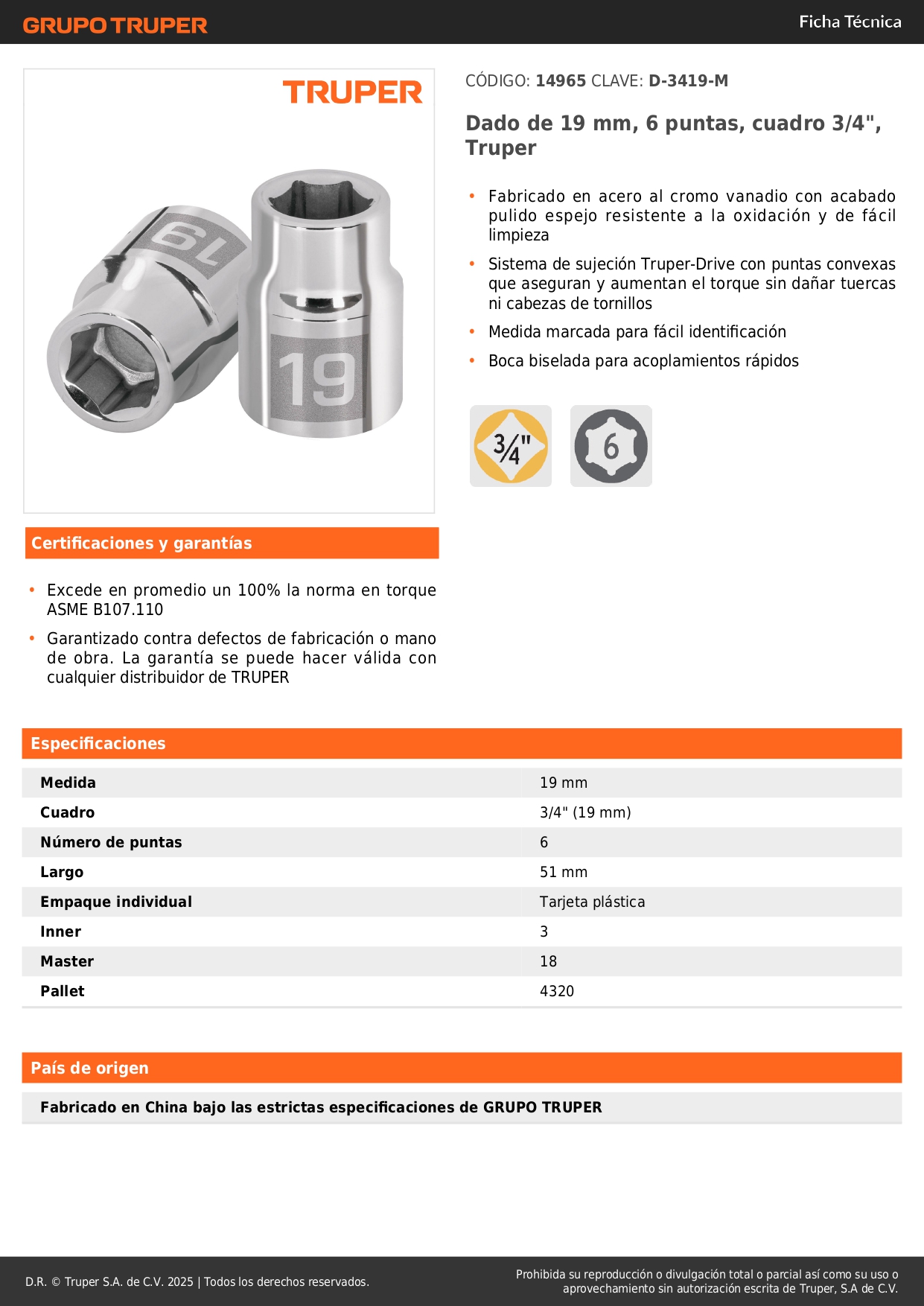 Dado hexagonal encastre 3/4´´ de 19 mm, Truper | Ferremax