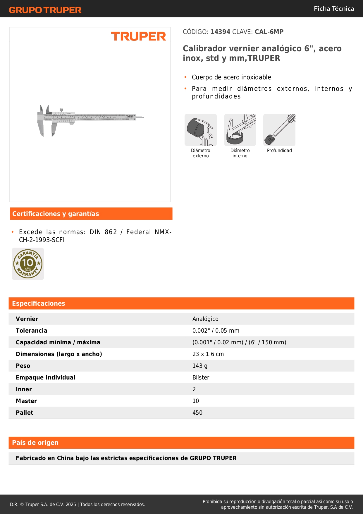 Calibrador Vernier analógico 6" acero inoxidable STD y mm Truper | Ferremax