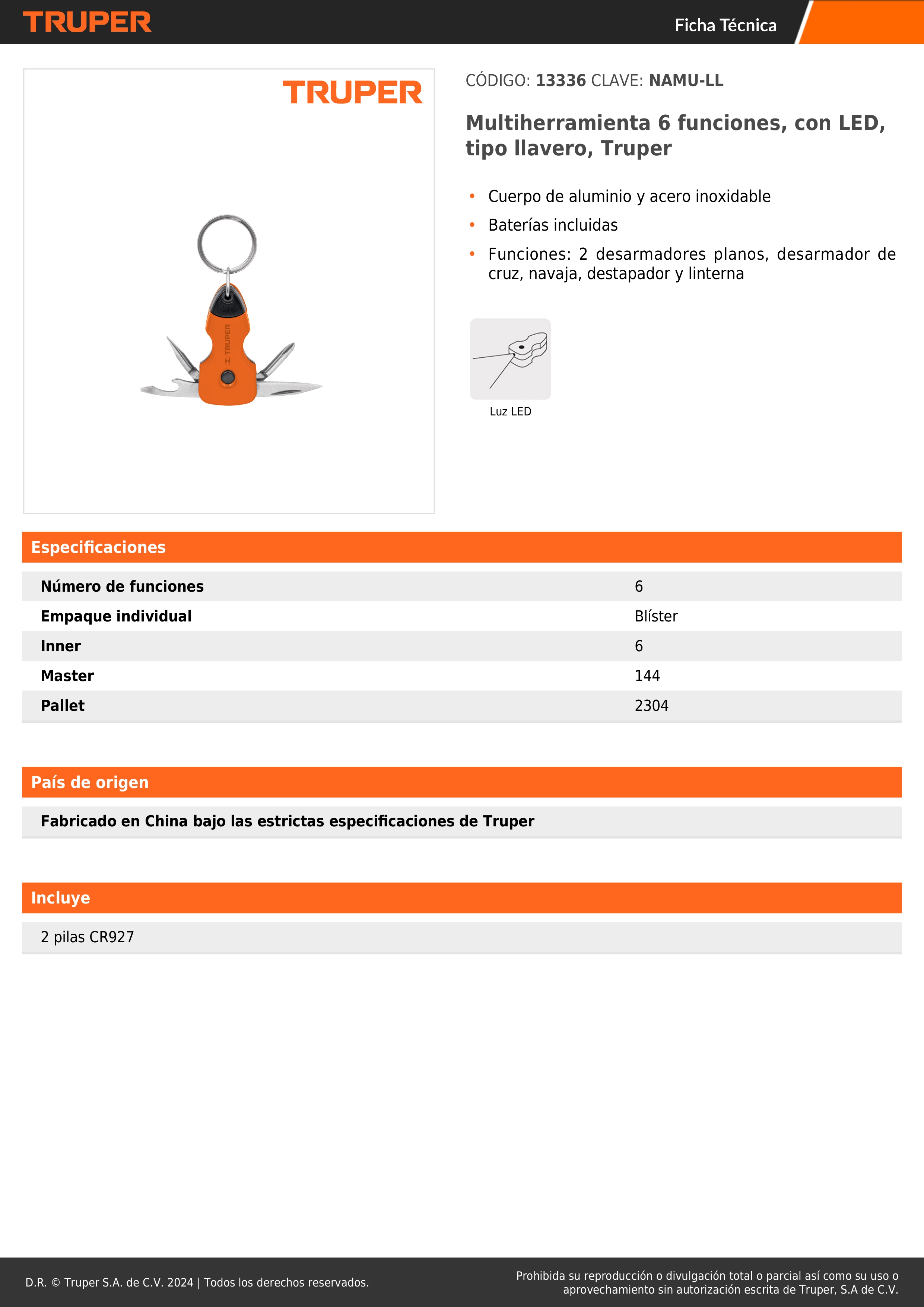 Llavero multiherramientas 6 en 1 con LED Truper | Ferremax