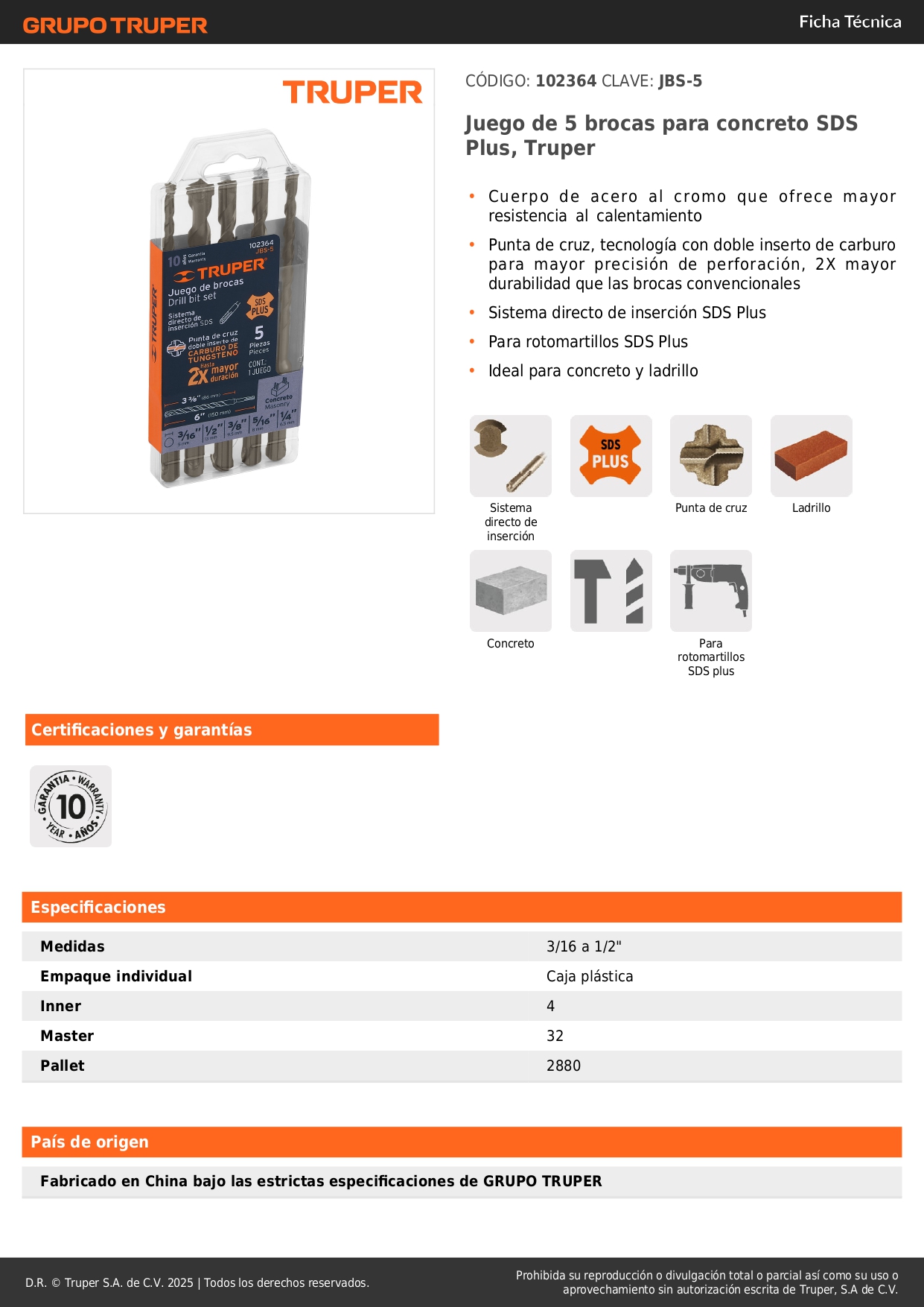 juego de 5 brocas para concreto SDS plus truper | Ferremax