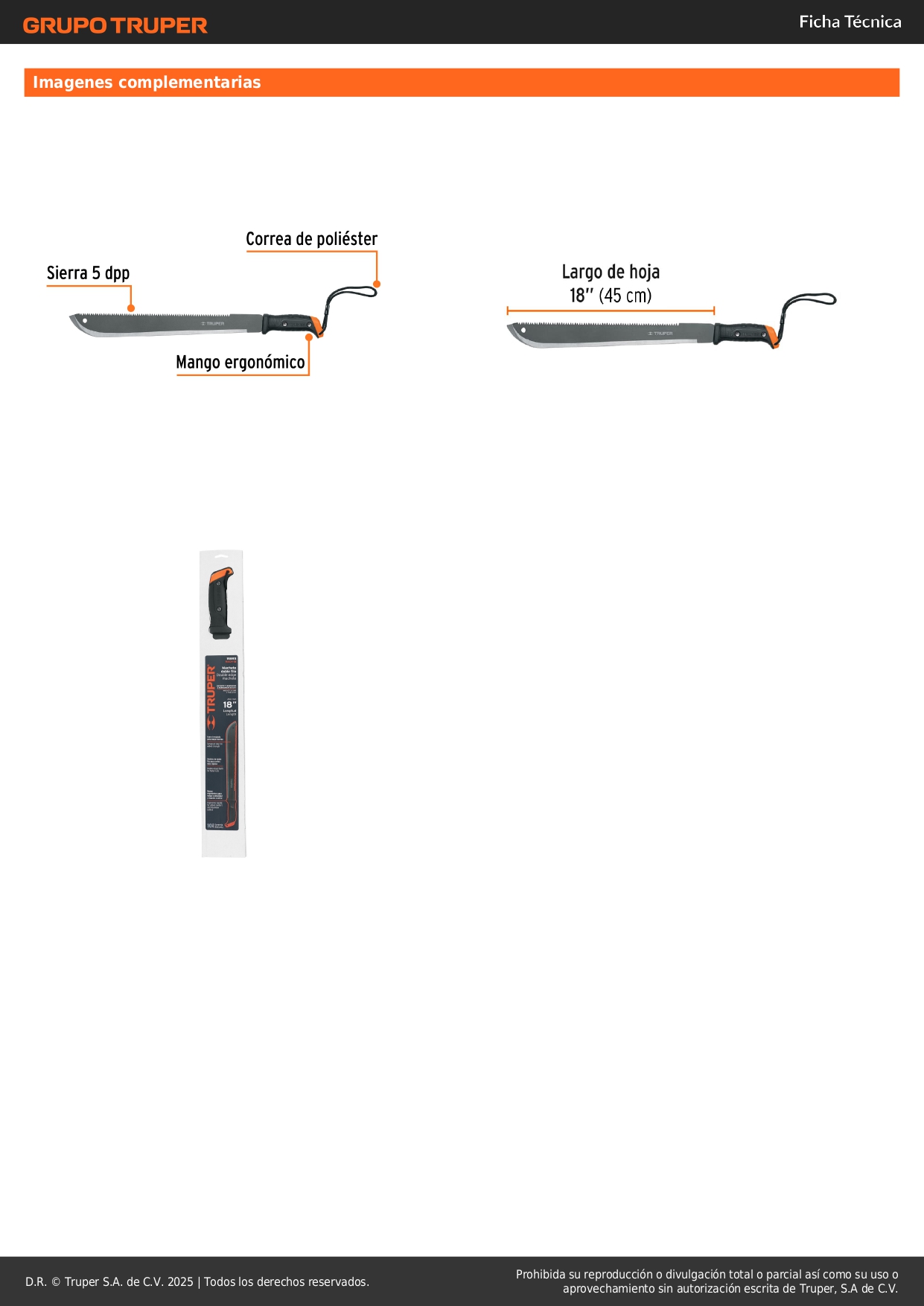 Machete doble filo 18" con correa funda de cartón Truper | Ferremax