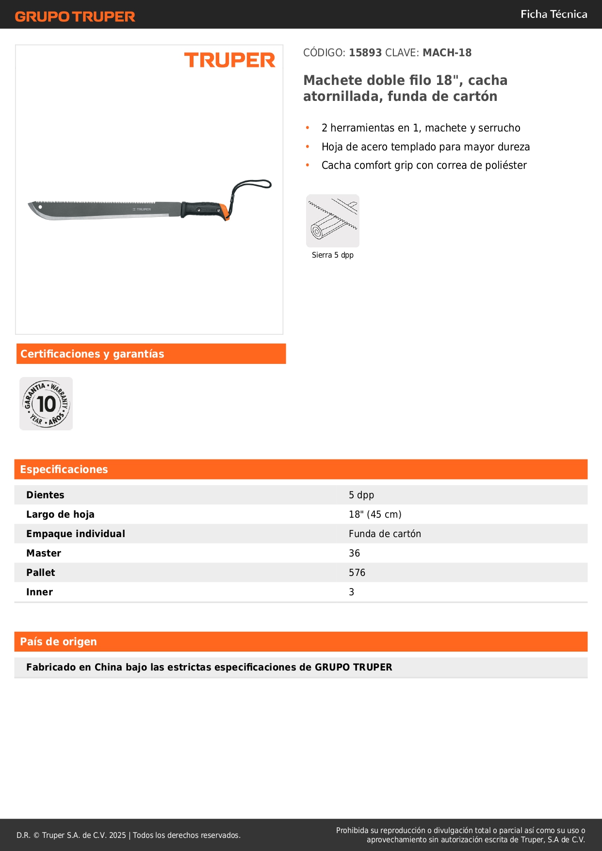 Machete doble filo 18" con correa funda de cartón Truper | Ferremax