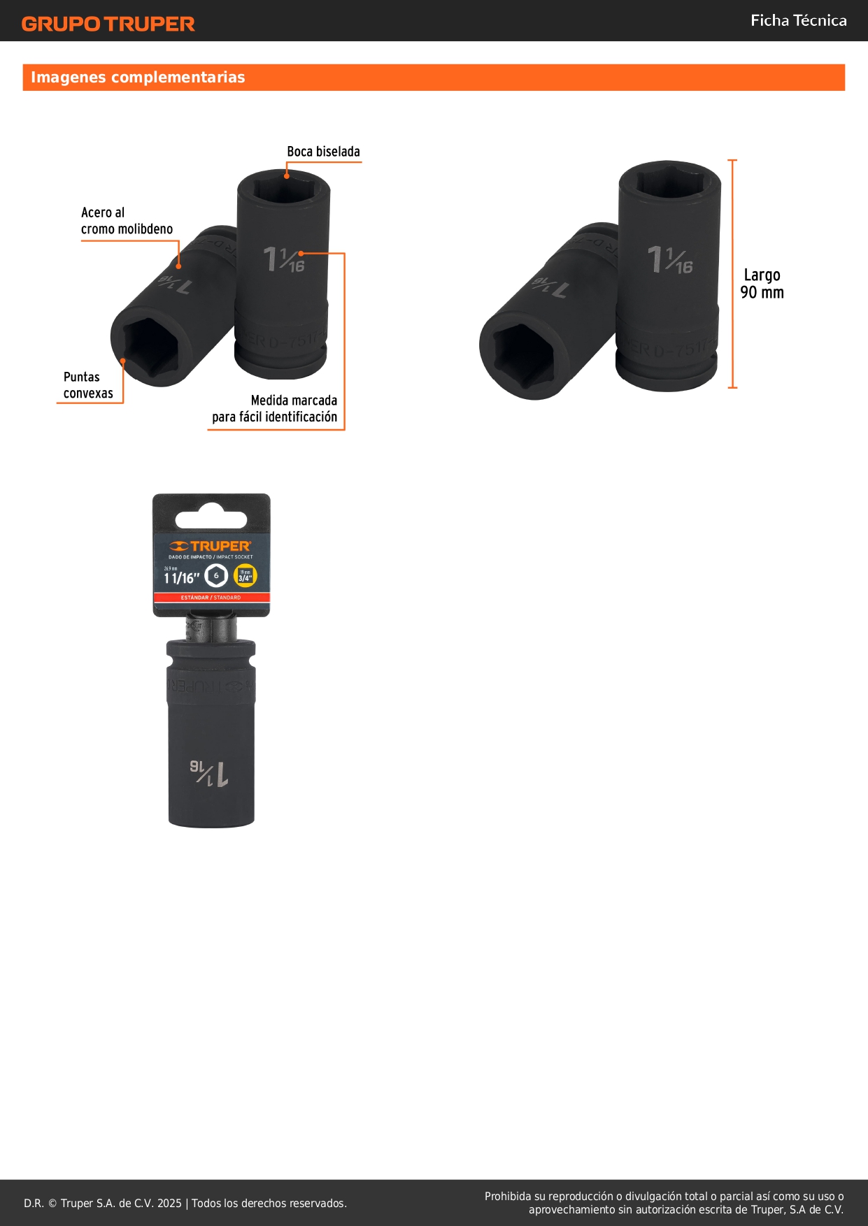 Dado tubular hexagonal encastre 3/4" de impacto de 1-1/16" Truper | Ferremax