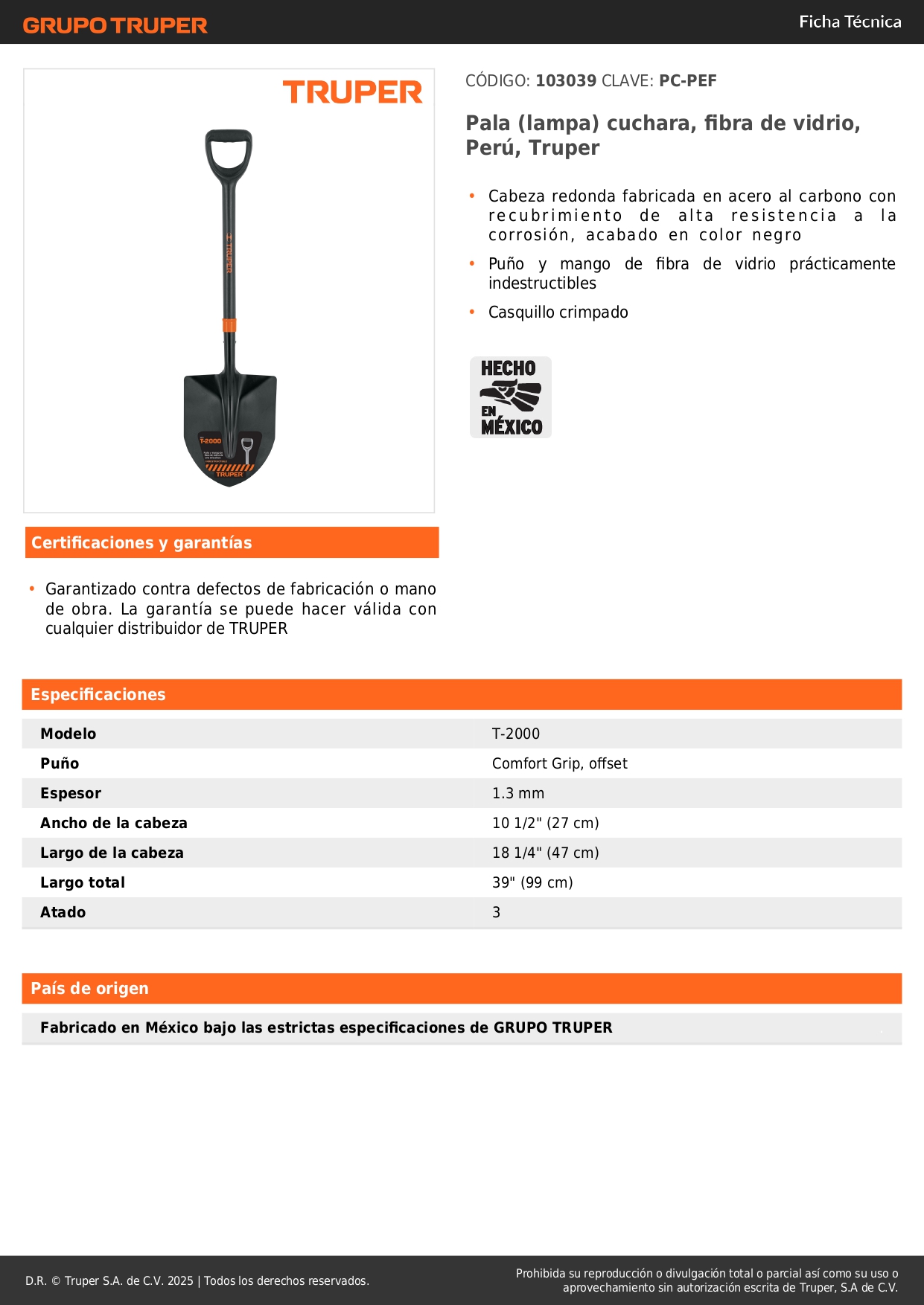 Lampa cuchara puño "Y" fibra de vidrio Truper | Ferremax