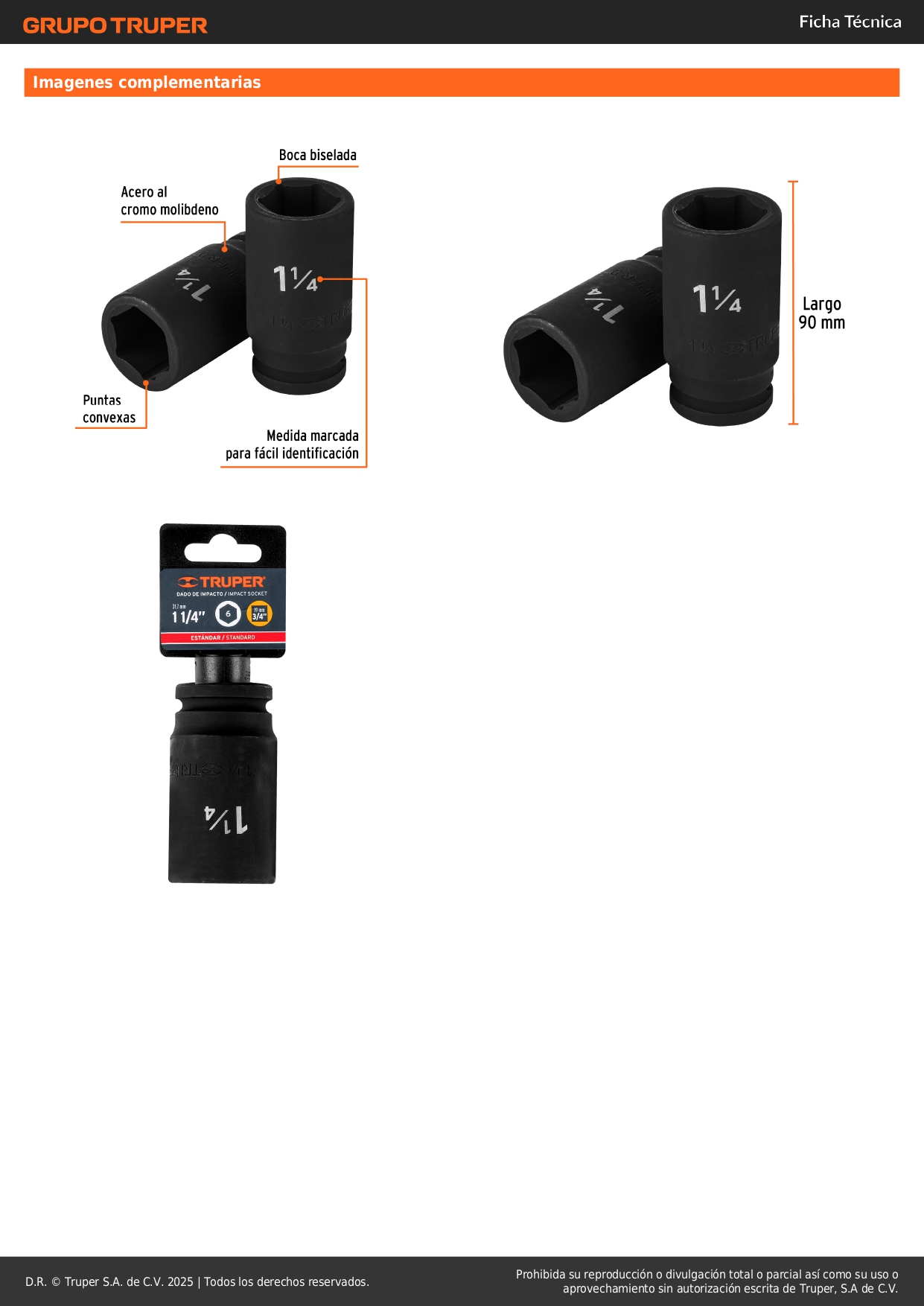 Dado tubular hexagonal encastre 3/4" de impacto de 1-1/4" Truper | Ferremax