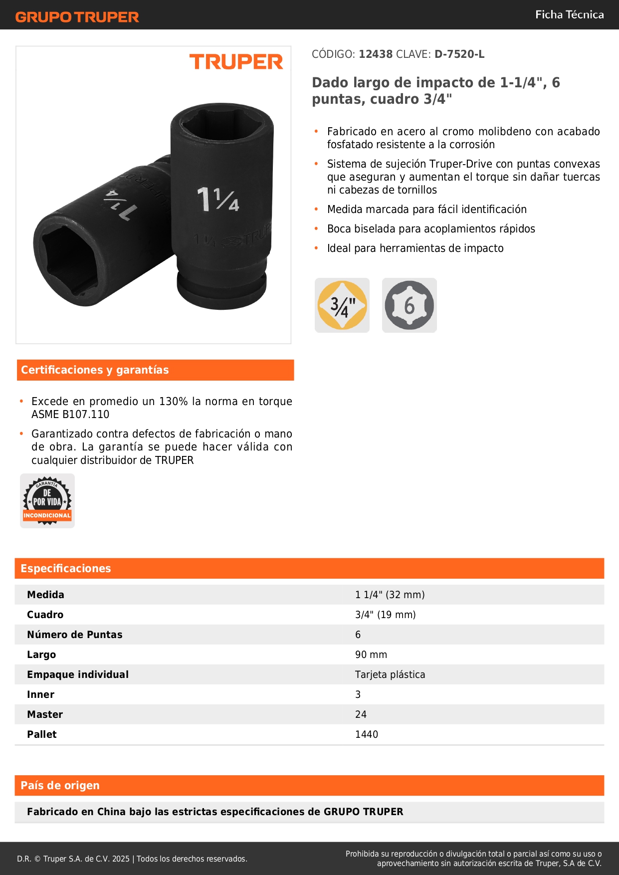 Dado tubular hexagonal encastre 3/4" de impacto de 1-1/4" Truper | Ferremax