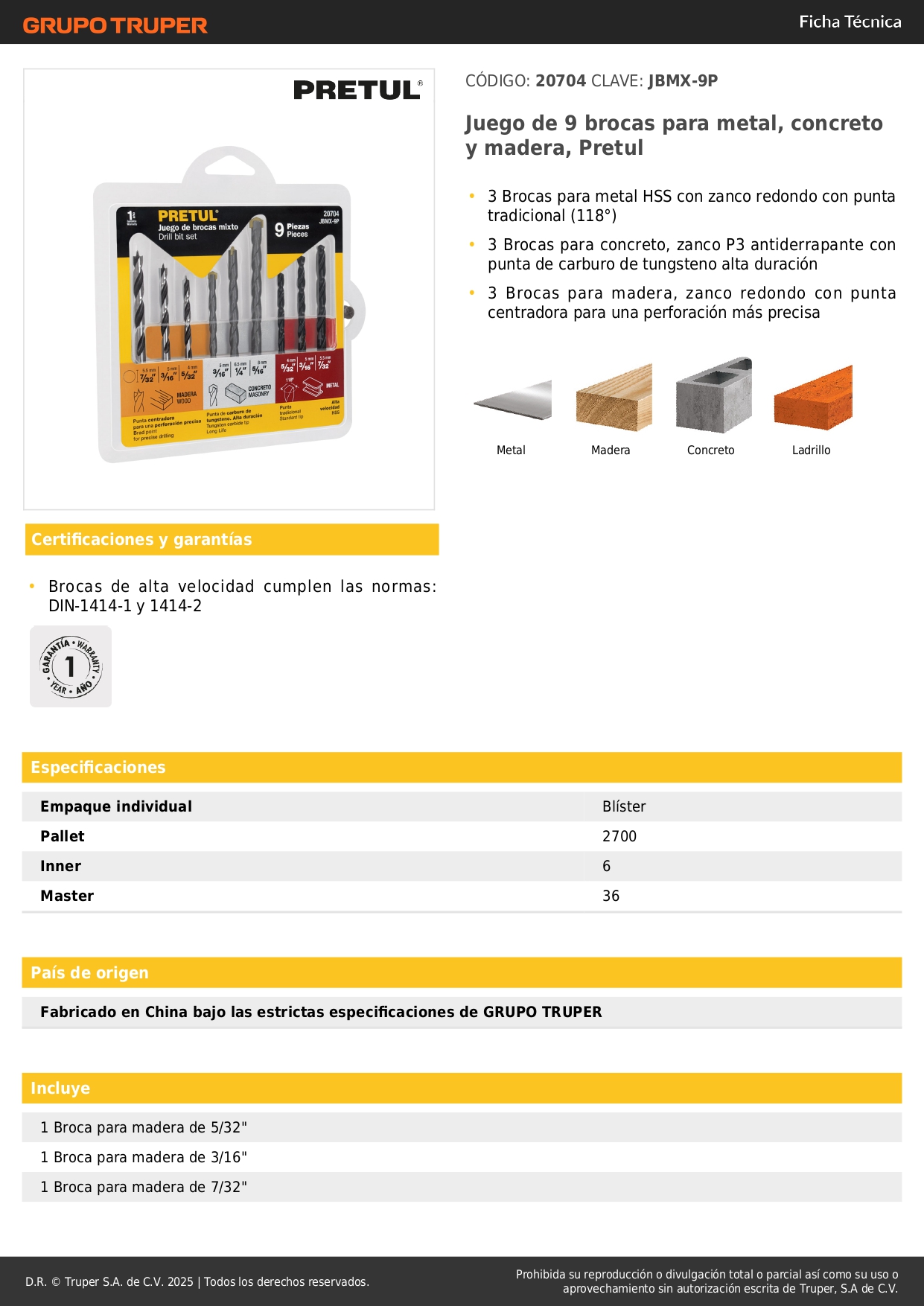 Juego de 9 brocas para metal concreto y madera Pretul | Ferremax