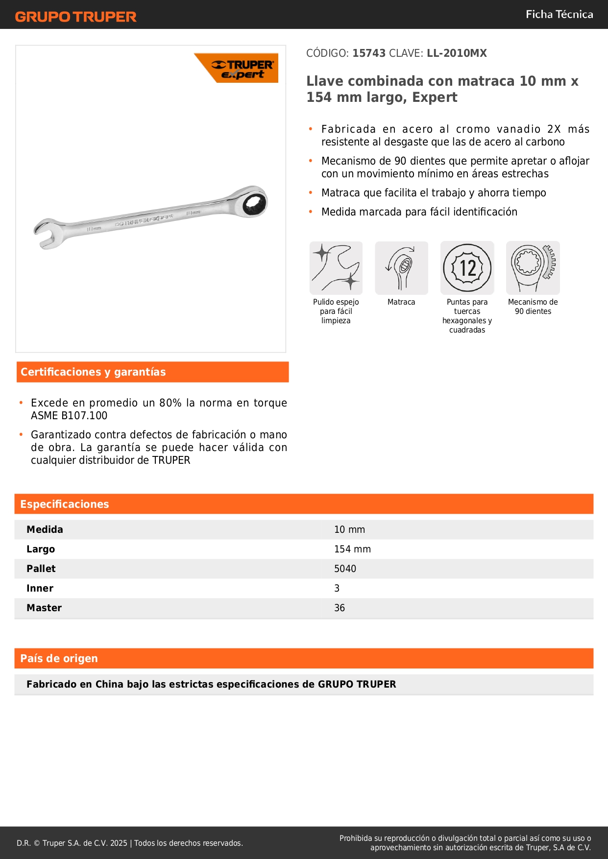 Llave mixta con ratchet 10 mm x 154 mm largo Truper expert | Ferremax