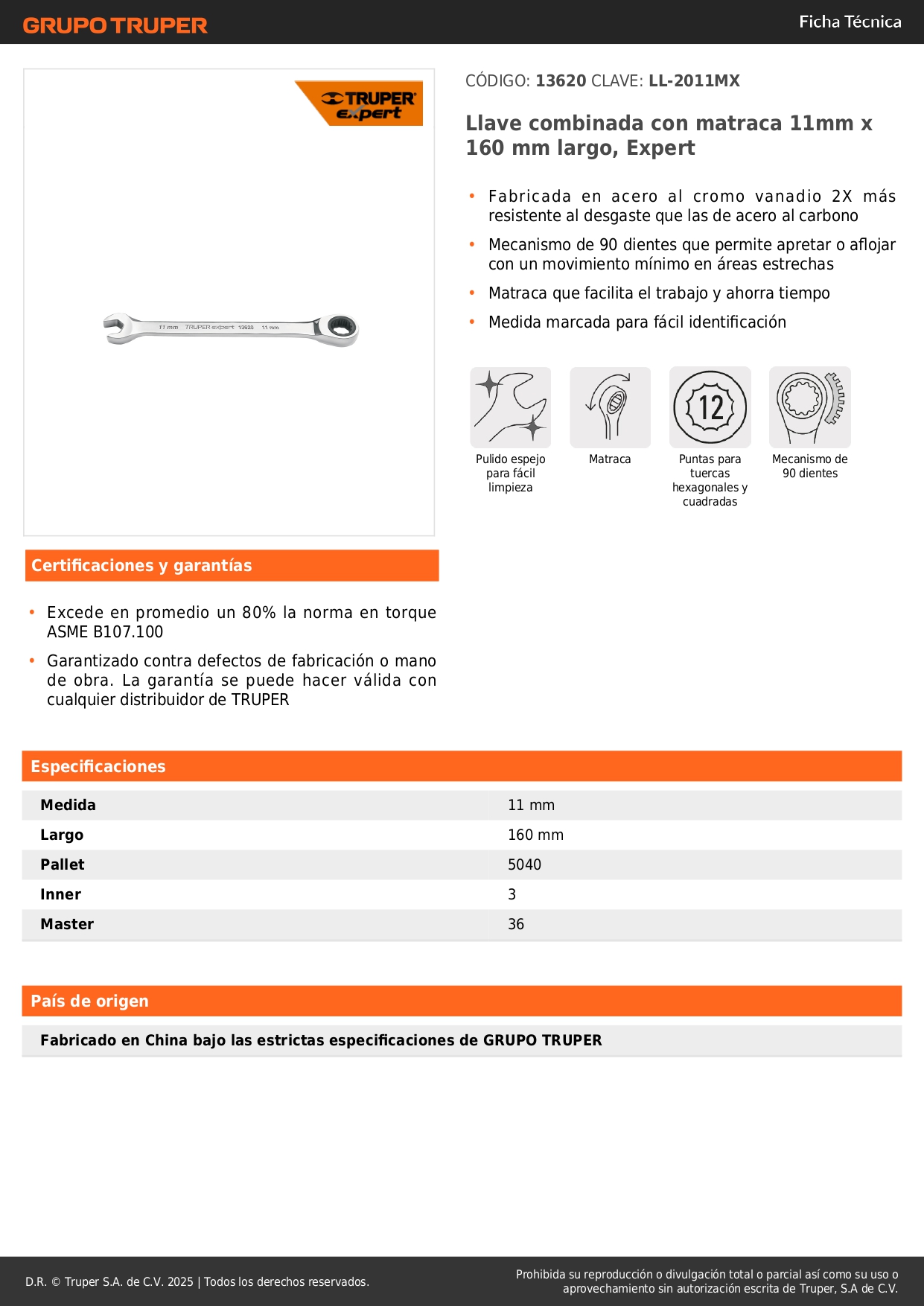 Llave mixta con ratchet 11mm x 160 mm largo Truper expert | Ferremax