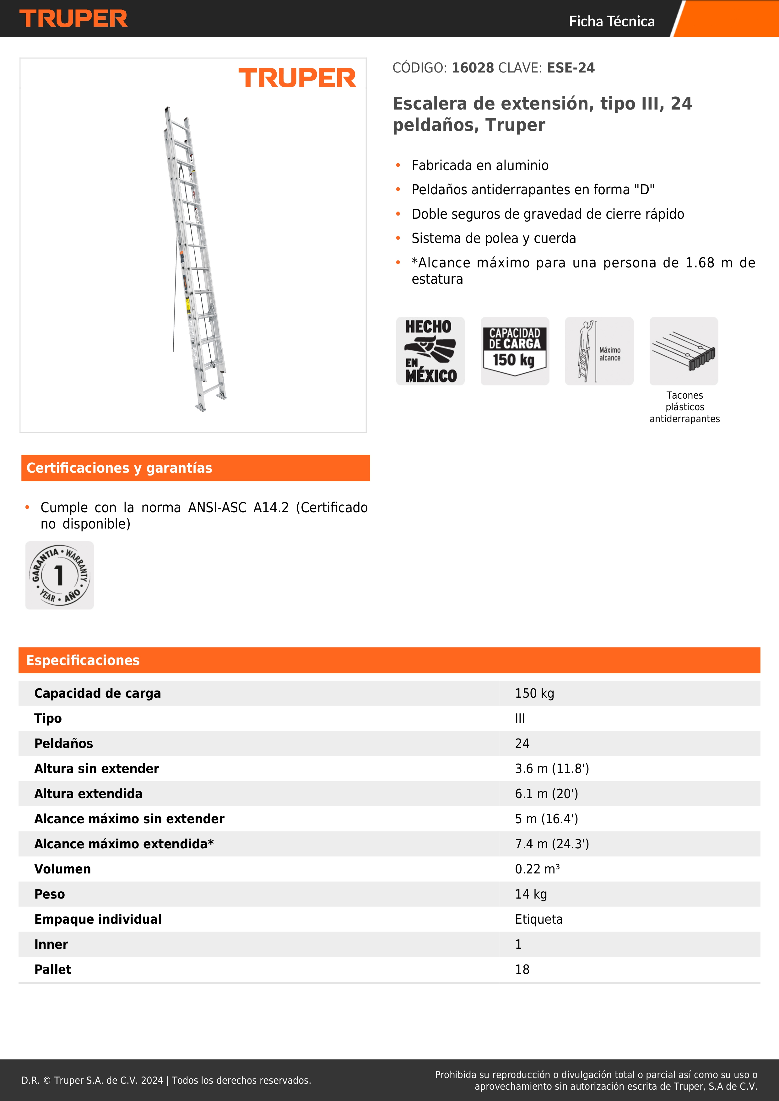 Escalera Telescópica 24 peldaños Soporta 150 Kg Truper | Ferremax