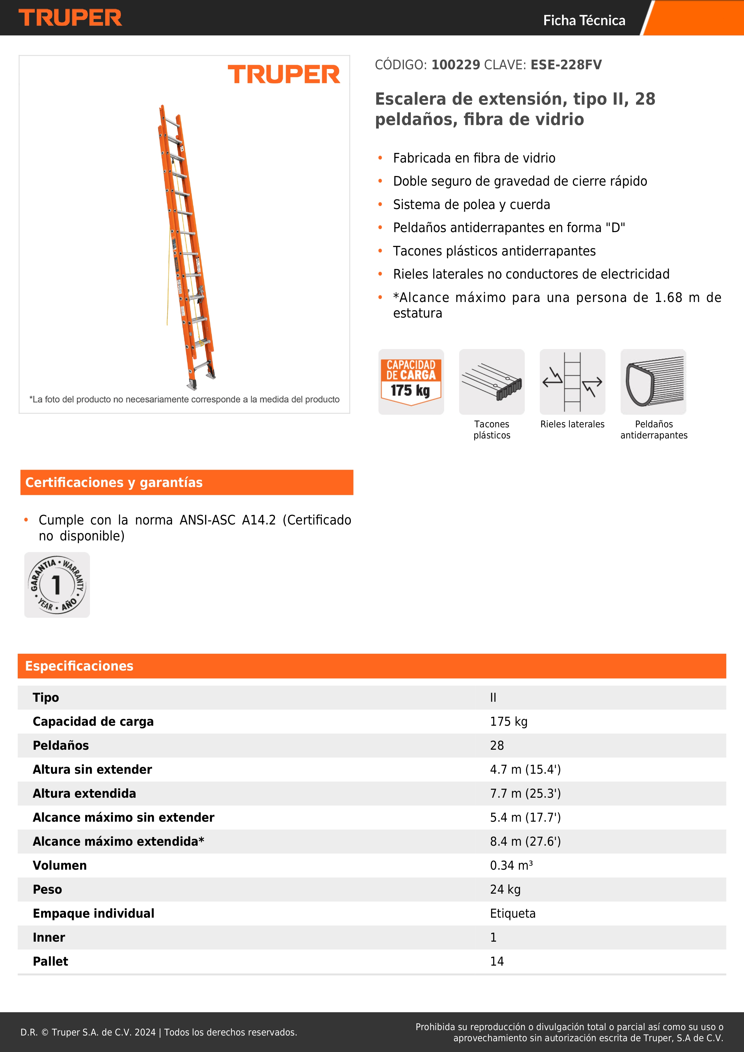 Escalera telescópica fibra de vidrio 28 peldaños Truper | Ferremax