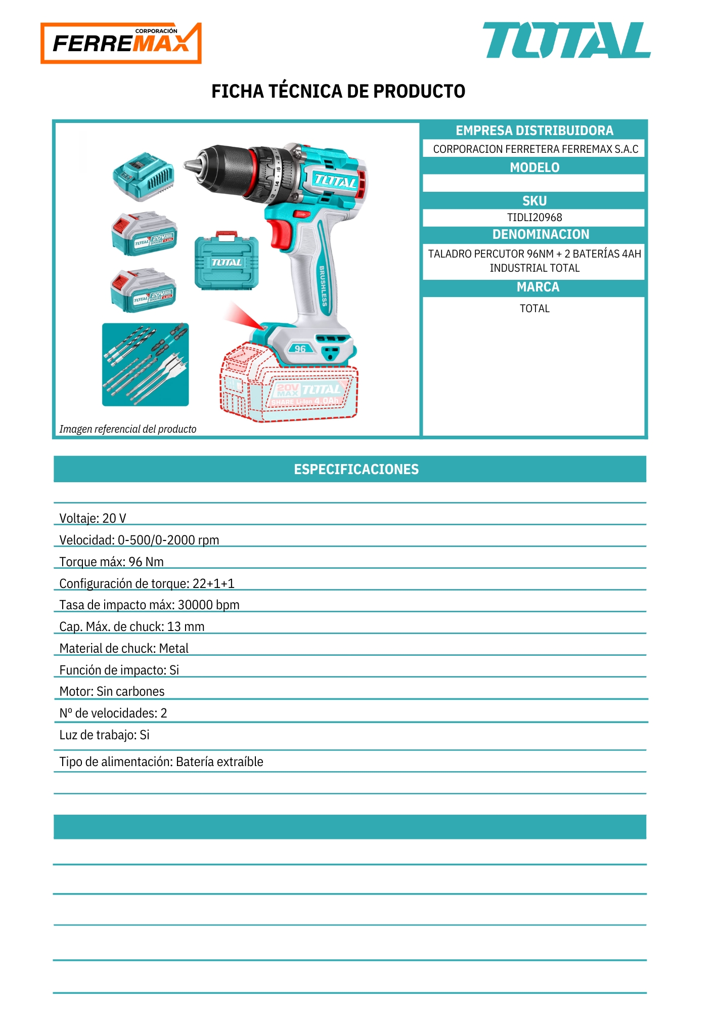 Taladro percutor 96nm + 2 baterías 4ah industrial Total | Ferremax