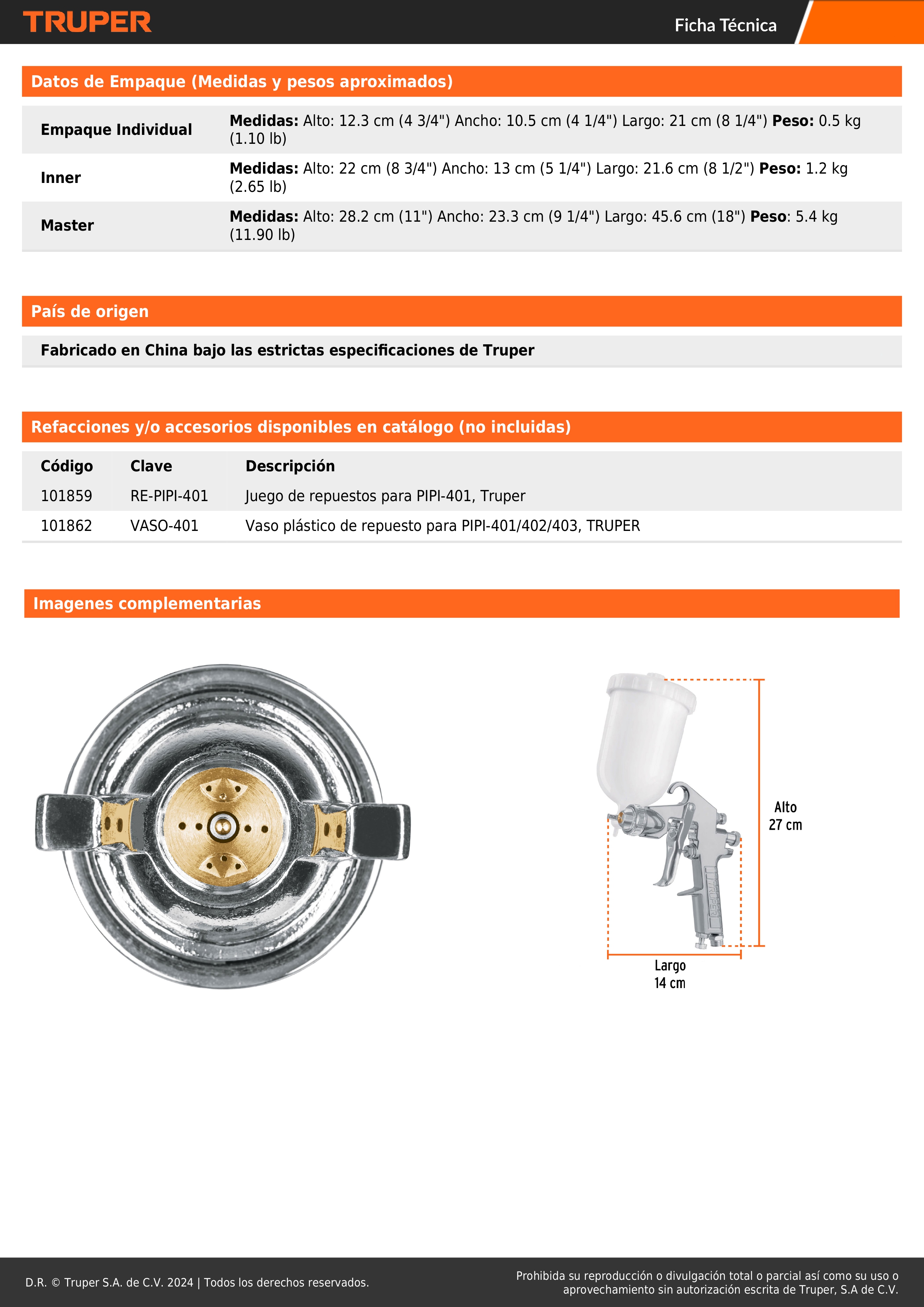 Pistola para pintar de gravedad LVMP Vaso plástico Boquilla de 1.4 mm Truper | Ferremax