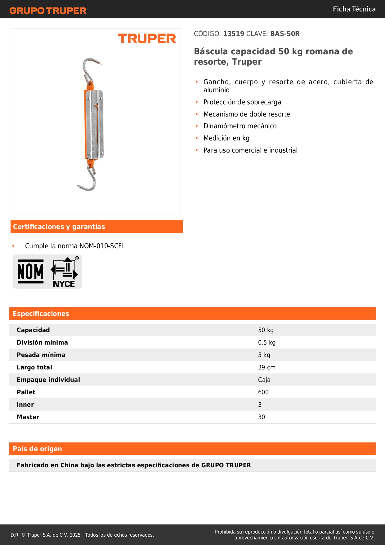 Balanza romana de resorte capacidad 50 kg Truper | Ferremax