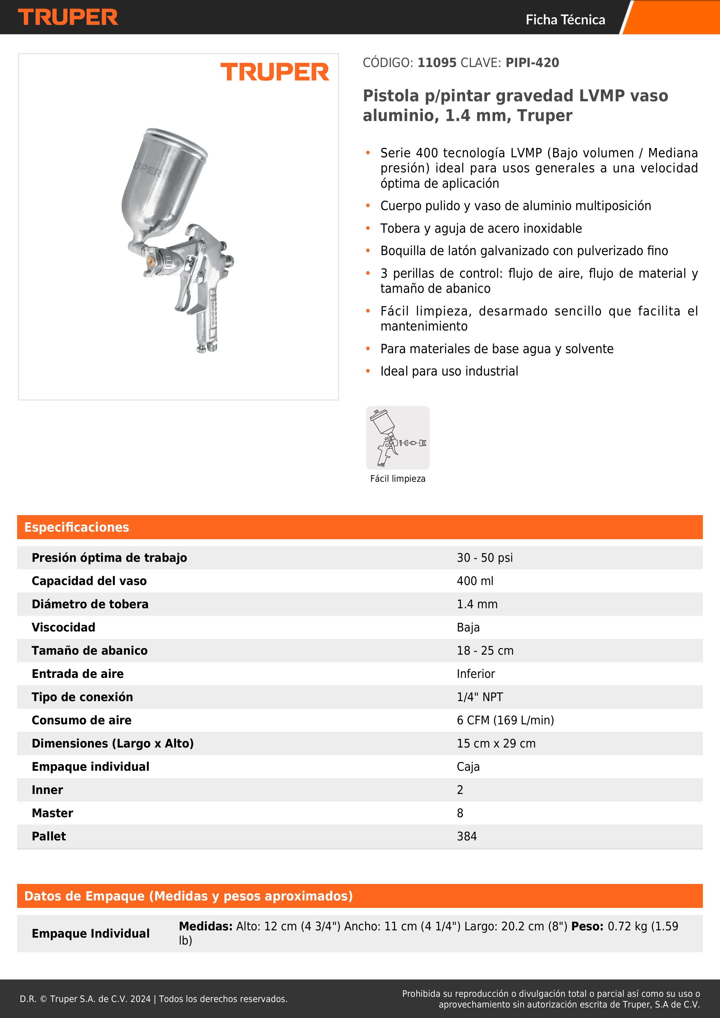 Pistola para pintar de gravedad LVMP vaso aluminio boq 1.4 mm Truper | Ferremax