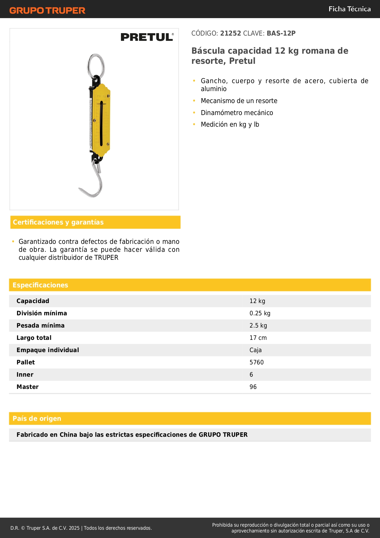 Balanza romana de resorte capacidad 12 Kg Pretul | Ferremax