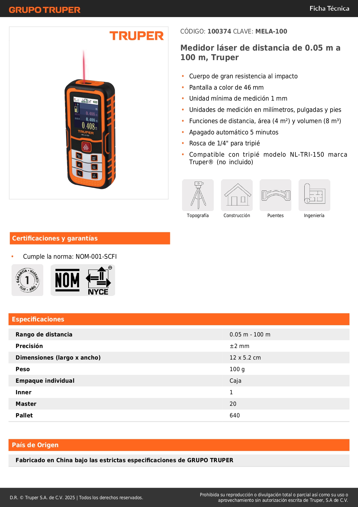 Medidor laser de distancia 100 metros Truper | Ferremax