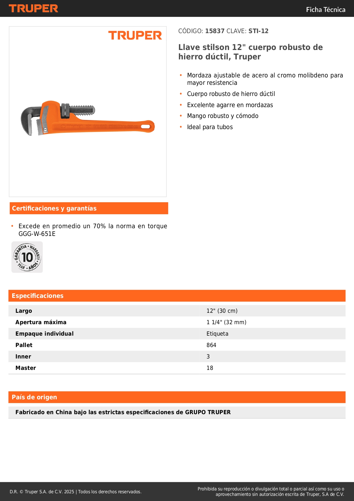 Llave stilson 12'' cuerpo robusto de hierro dúctil Truper | Ferremax