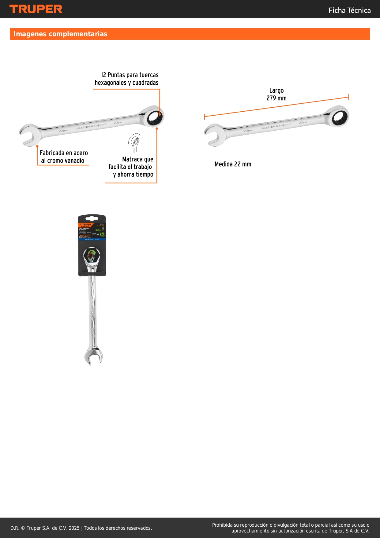 Llave Mixta con Ratchet 22 mm Largo Truper | Ferremax