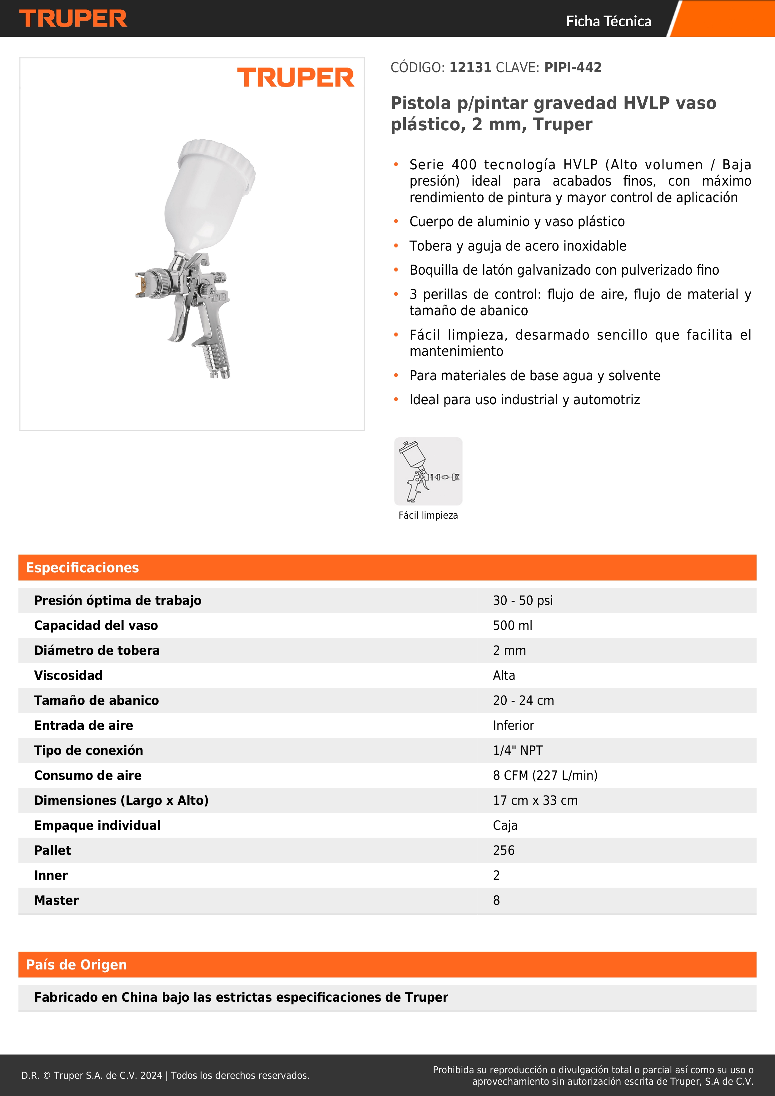 Pistola para pintar gravedad HVLP vaso plástico 2 mm Truper | Ferremax