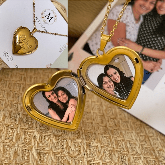 Collar con relicario corazón dos fotos personalizado dorado / unidad ...