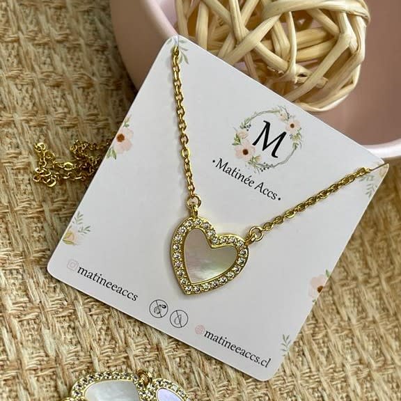Collar cadena acero corazón nácar con zircón y baño de oro / unidad ...