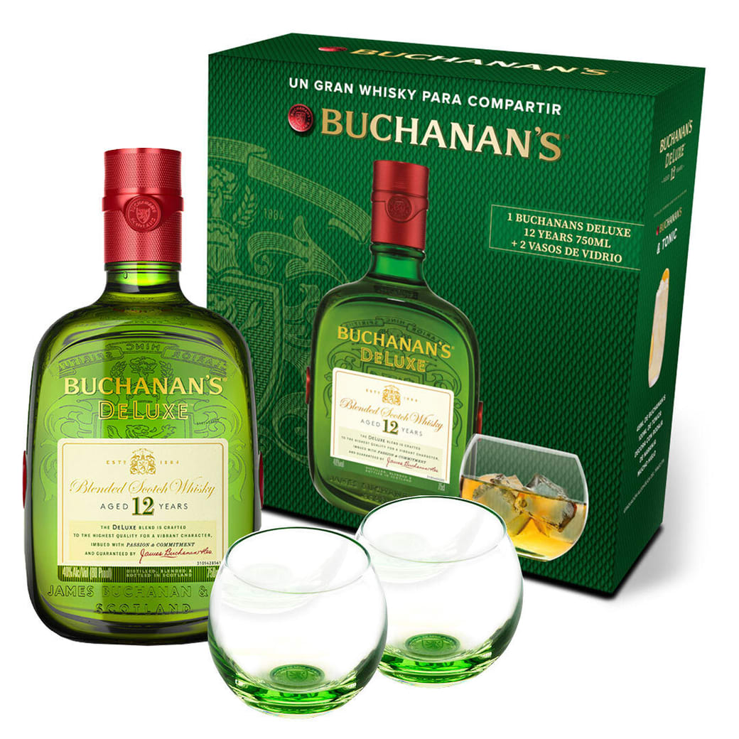 Pack Whisky Buchanan's Deluxe 12 Años 750 Cc + 2 Vasos | Licores Villafraz