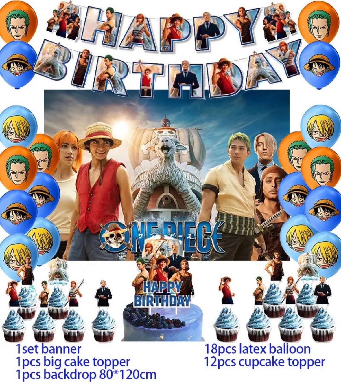 Kit Cumpleaños Decoración One Piece Live Action + Tela Fondo | DYSHOPNOW