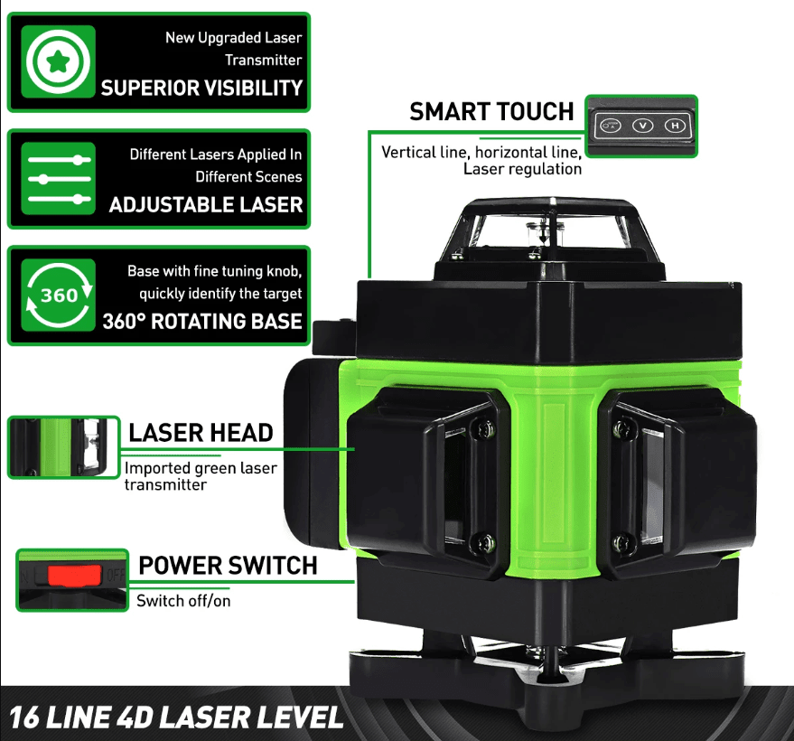 NIVEL LASER 16 LINEAS VERDE CON CONTROL REMOTO + TRIPODE 1.20MT R-UMI-16L | iTools Store