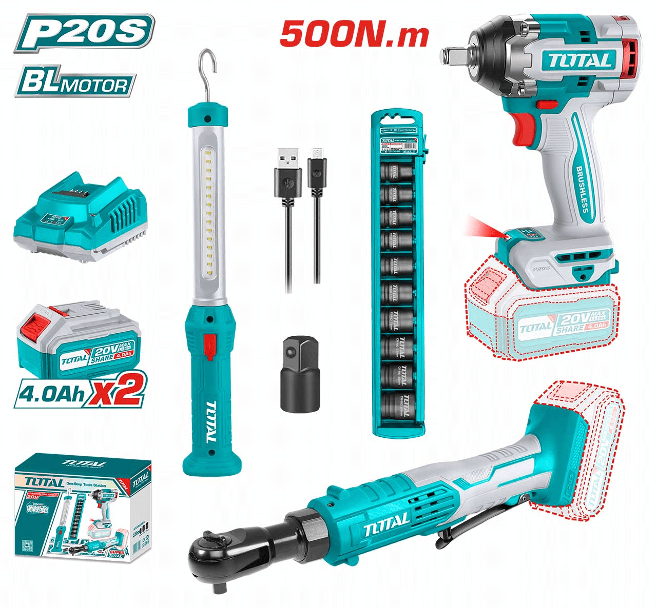 COMBO LLAVE DE IMPACTO + TRINQUETE + LAMPARA TOTAL / TOSLI240461 | iTools Store