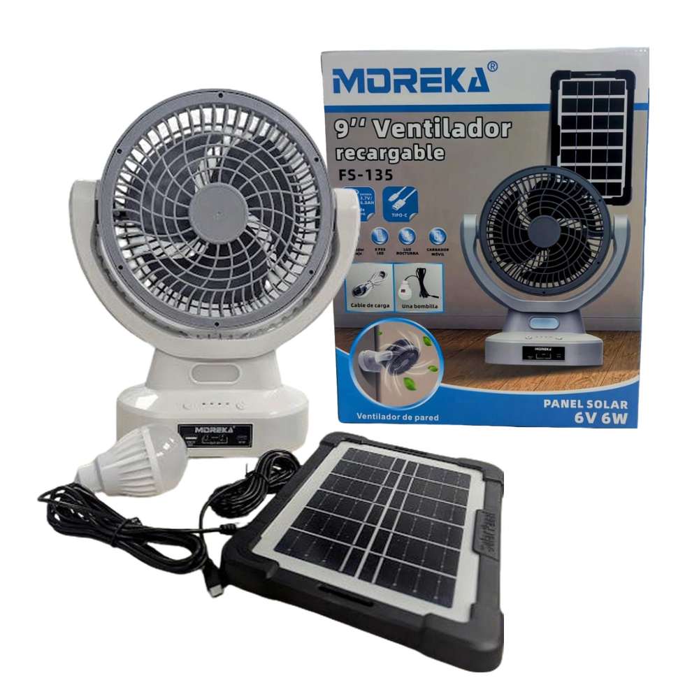 Ventilador Solar Recargable 9" con Panel Solar y foco | MOREKA SHOP
