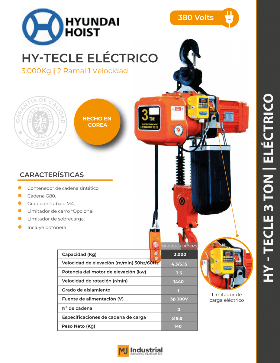 TECLE ELECTRICO ECH 380V 3000Kg,2 Ramal 1 Vel | Tecles & Winches