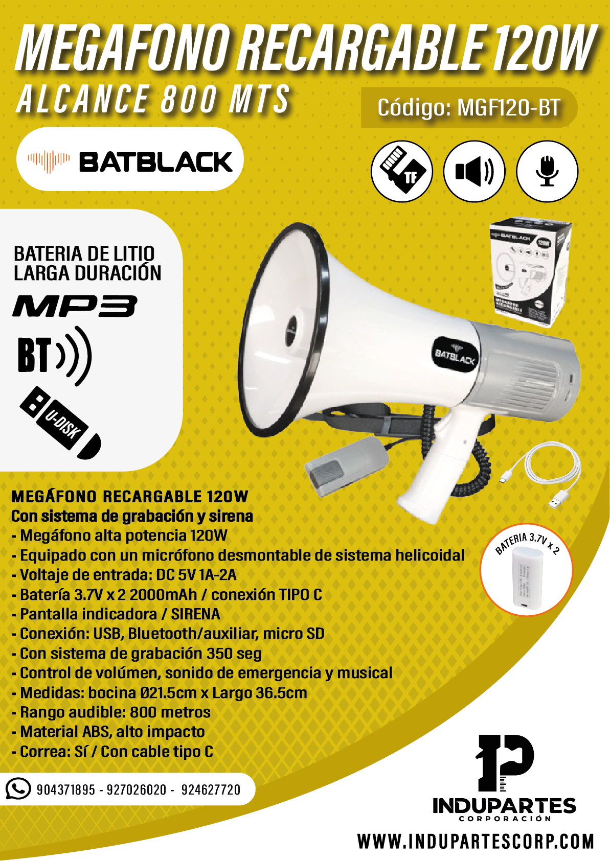Megafono Recargable 120 W, Alcance 800 Mts | Indupartes Corp