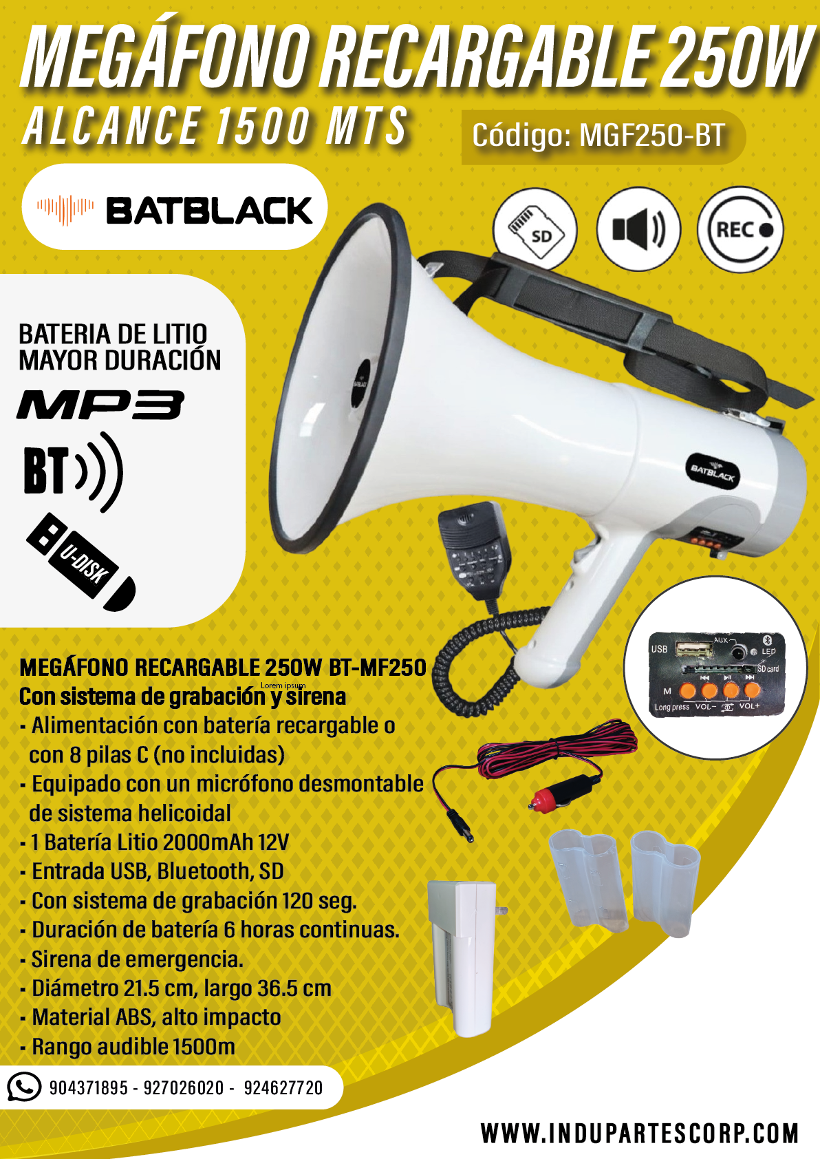 Megafono Recargable 250w USB-Bluetooth Batblack BT-MF250 | Indupartes Corp