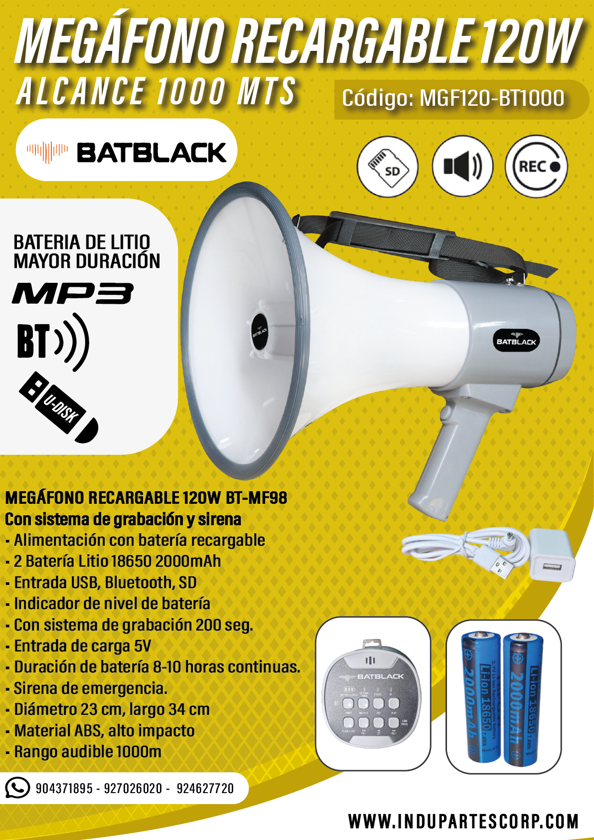 Megafono Recargable 120 W Usb-Bluetooth Batblack BT-MF98 | Indupartes Corp
