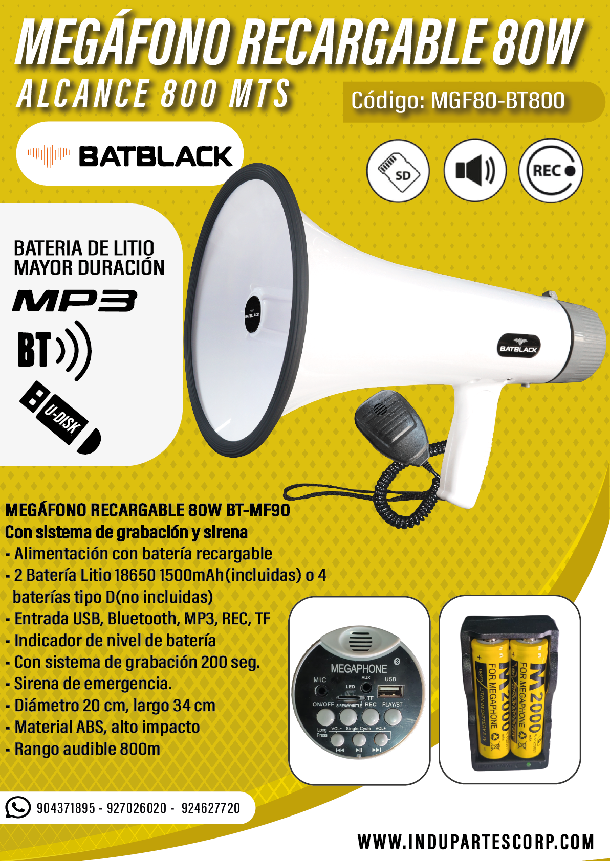 Megafono Recargable 80W Usb-Bluetooth Batblack BT-MF90 | Indupartes Corp