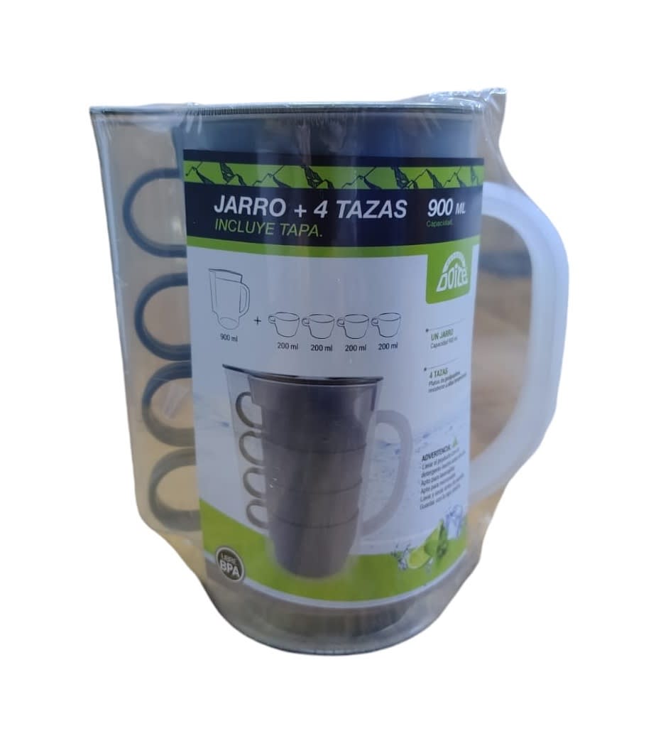 JARRO PLASTICO CON TAPA 900ML + 4 TAZAS 200ML - DOITE | RUKATRIP
