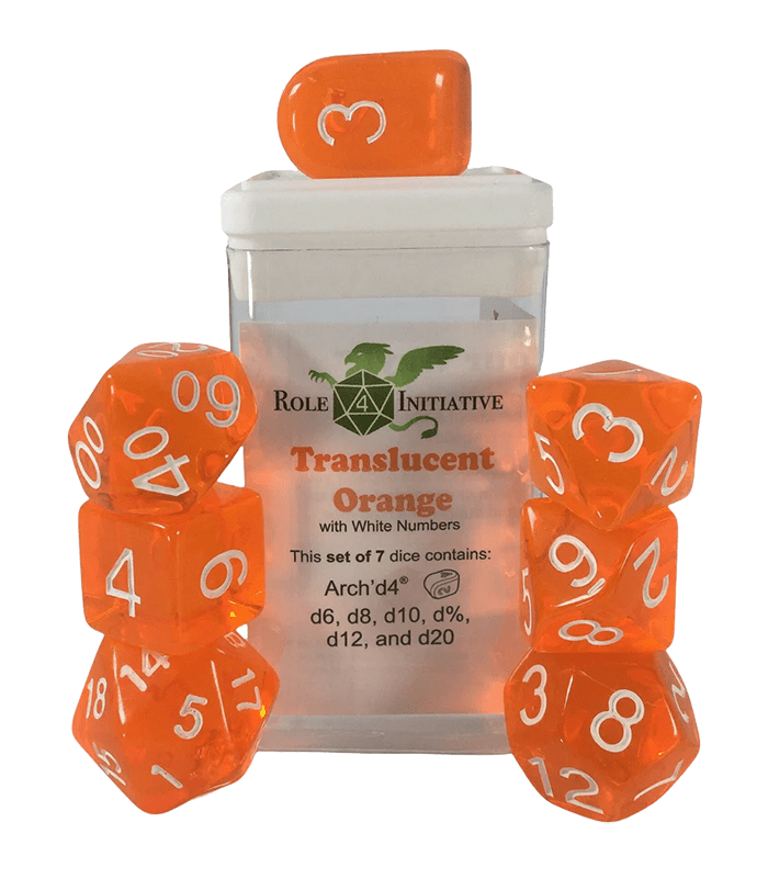 Set 7 dice w/ Arch'd4: Translucent Orange w/ White | FERRET GAMES SPA